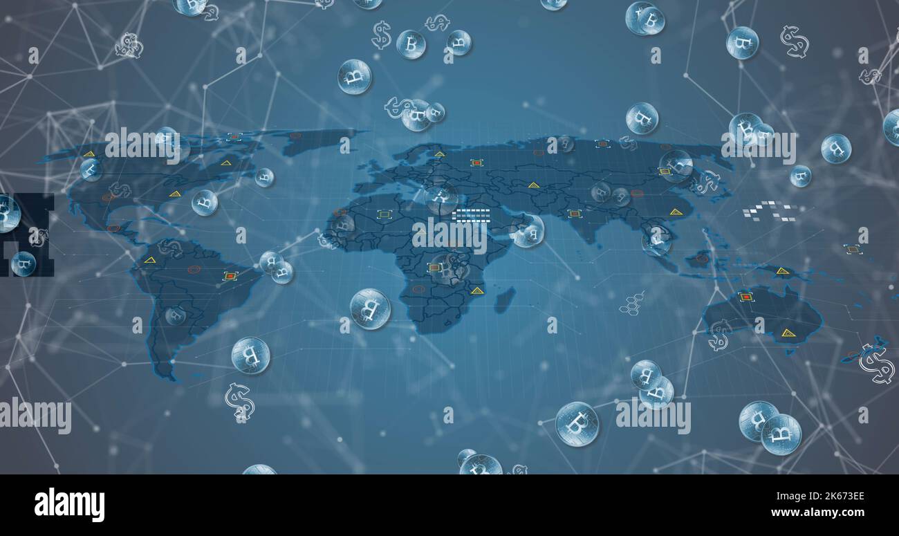 Image of connections and bitcoins over world map on blue background ...