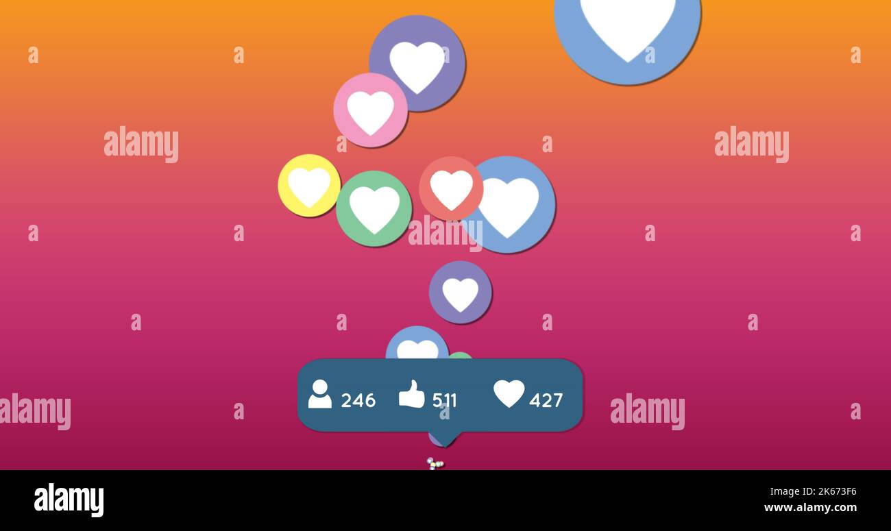 Image of social media reactions over orange and pink background Stock ...