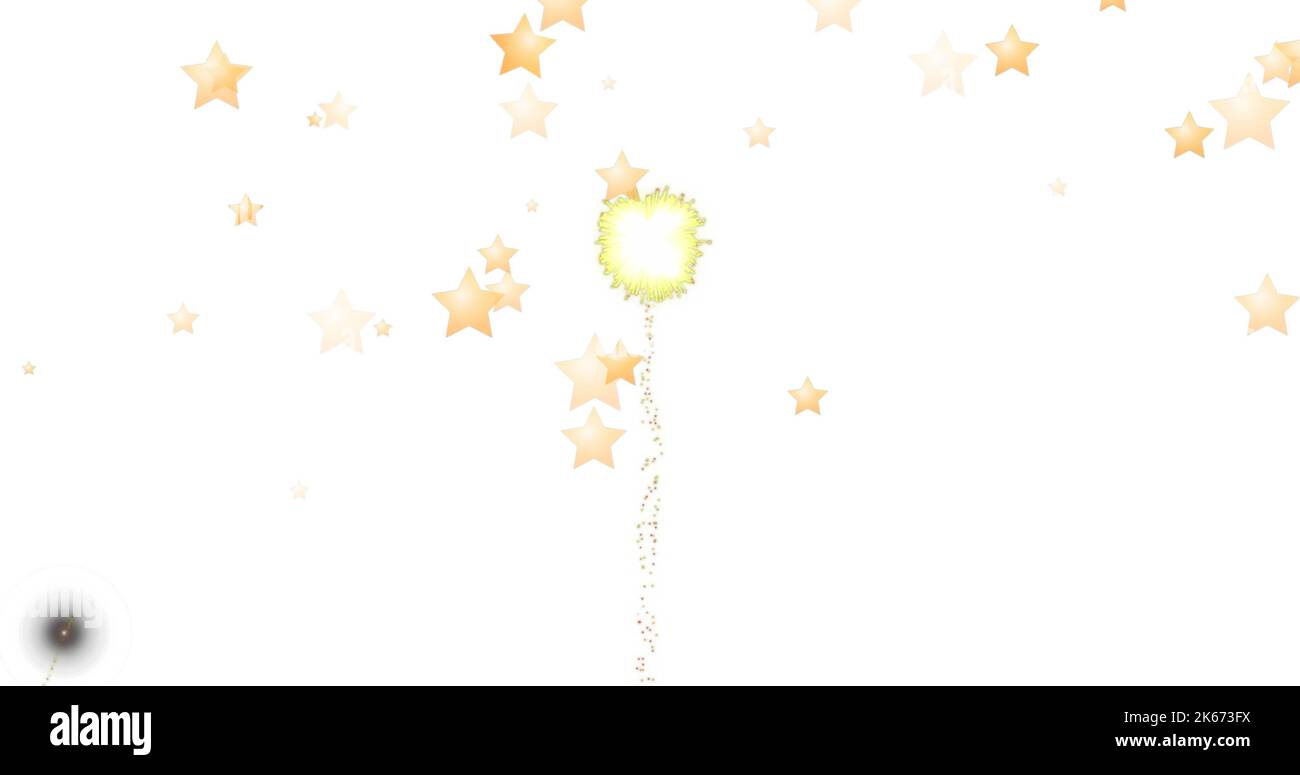 Image of stars falling and fireworks over white background Stock Photo ...