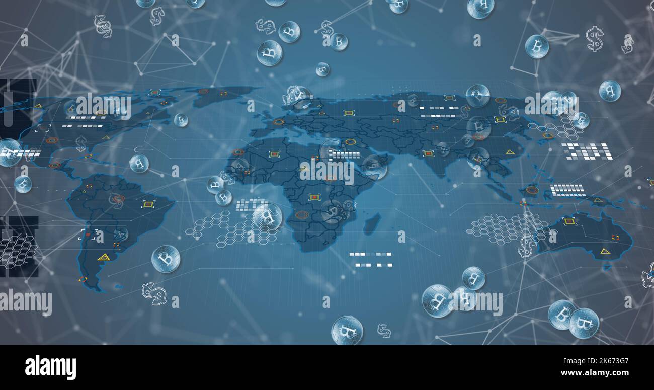 Image of connections and bitcoins over world map on blue background ...