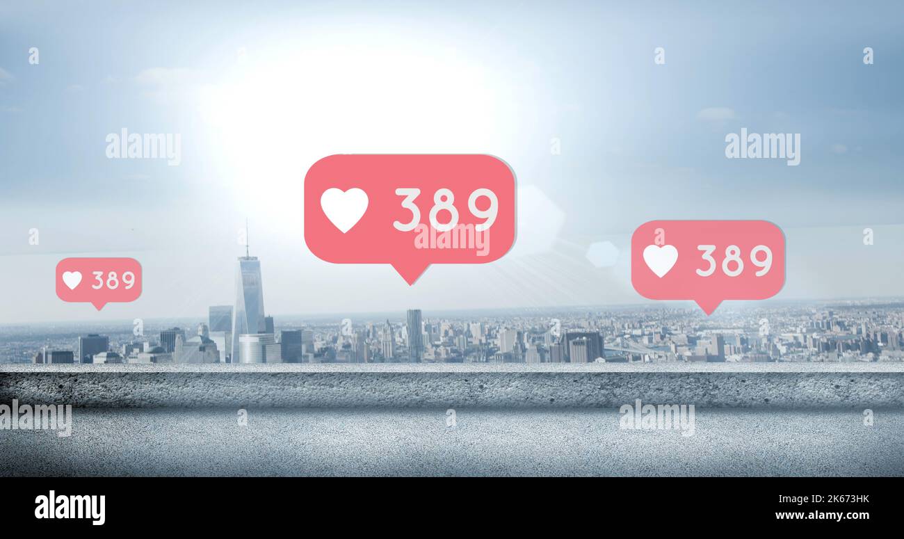 Image of social media reactions over cityscape Stock Photo - Alamy