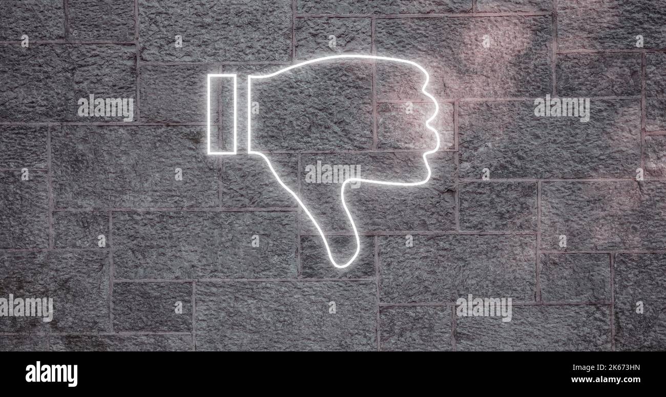 Composite of illuminated digital white dislike button icon against gray ...