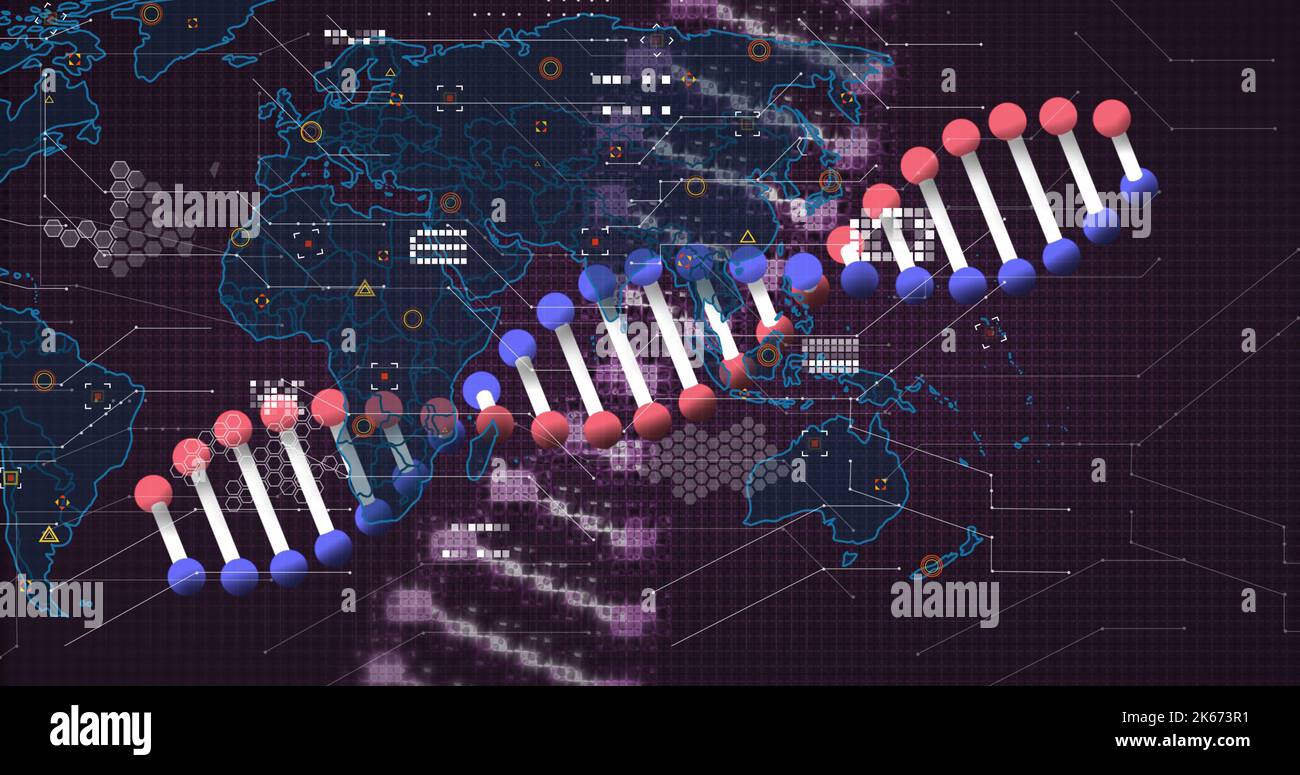 Image of dna strand over world map on black background Stock Photo - Alamy