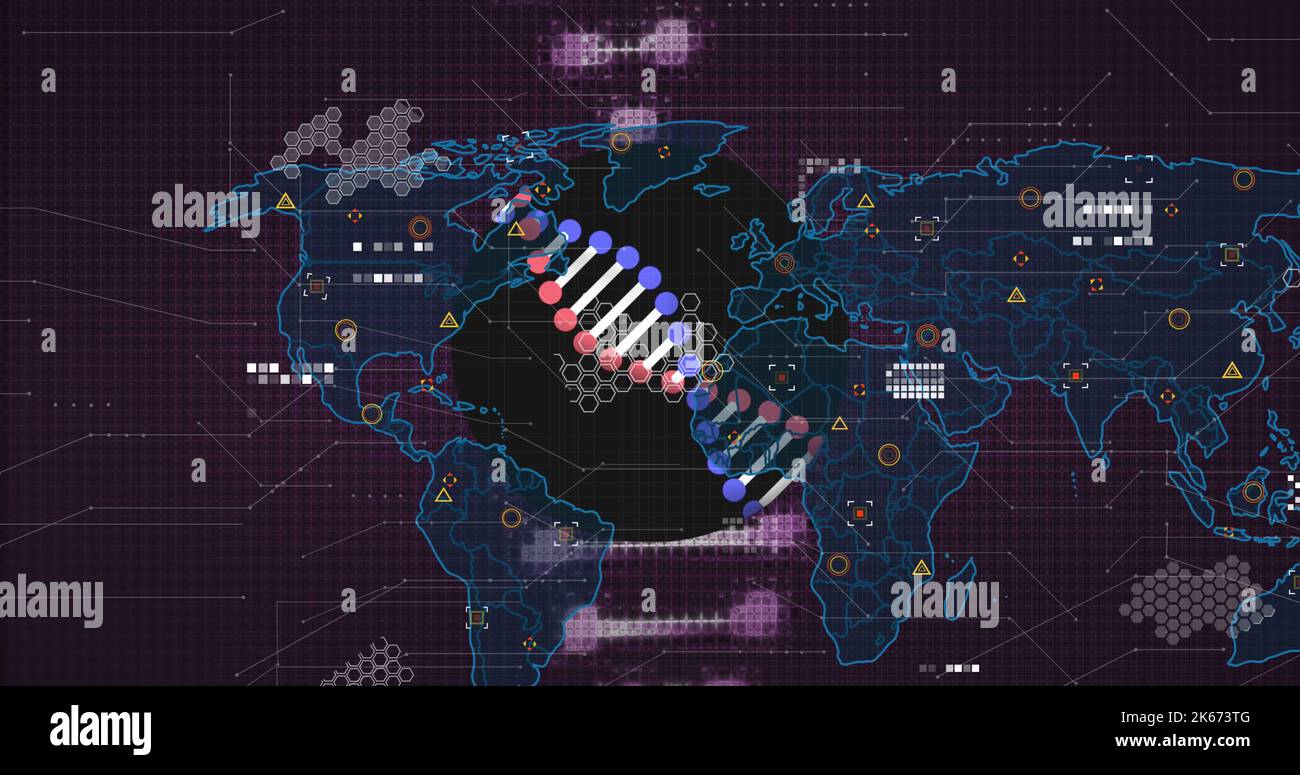 Image of dna strand over world map on black background Stock Photo - Alamy