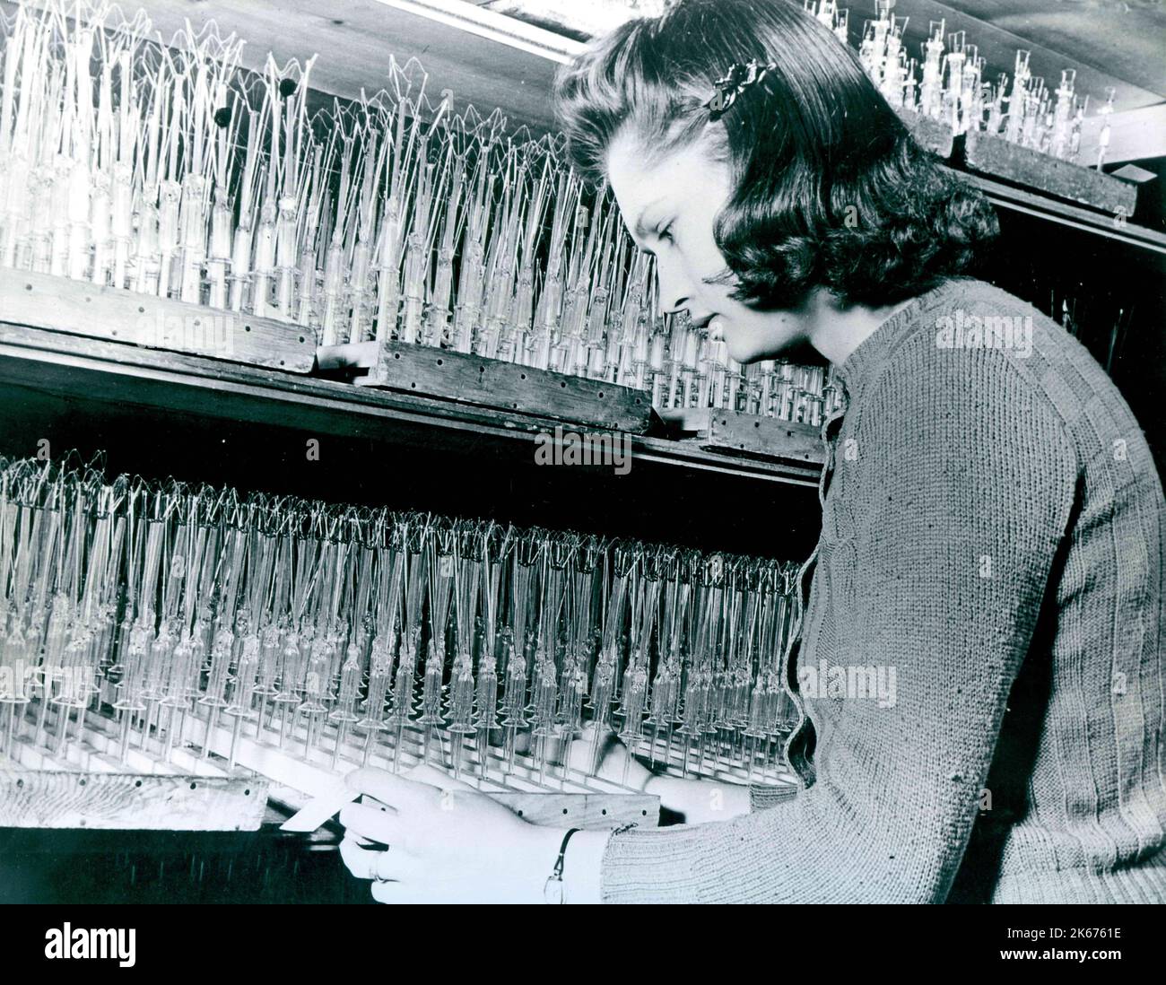 Woman inspecting electric light bulb filaments Stock Photo - Alamy