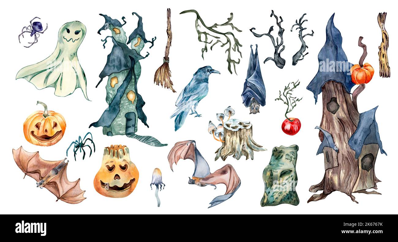 Colorful Halloween clipart with haunted house watercolor illustration ...