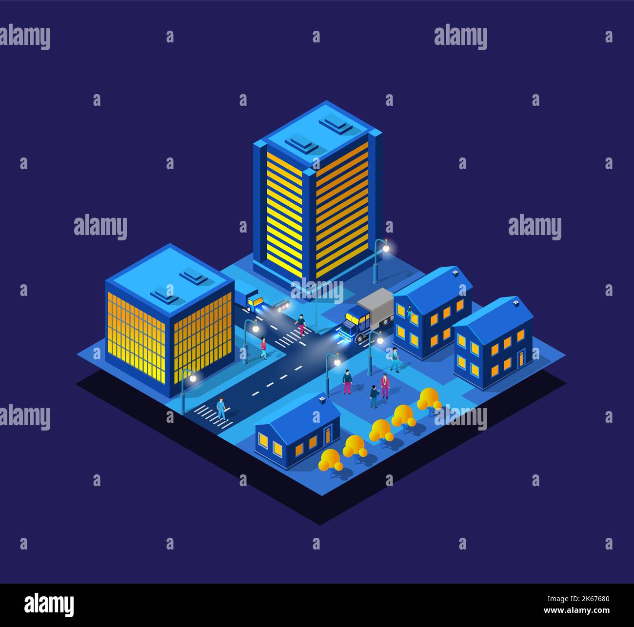 An editable illustration of a smart city with lit-up buildings and ...