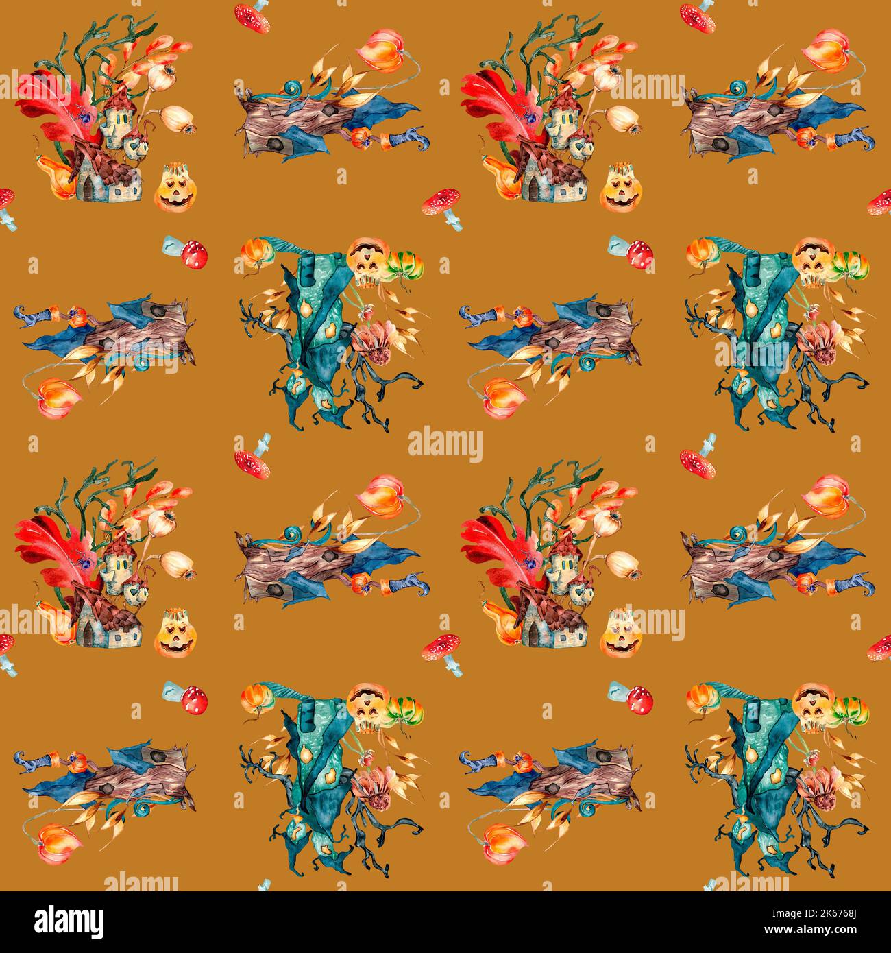 Colorful Halloween haunted houses watercolor seamless pattern isolated ...