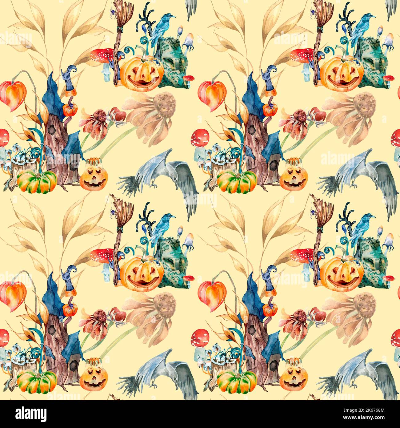 Colorful Halloween fairy house watercolor seamless pattern isolated on ...