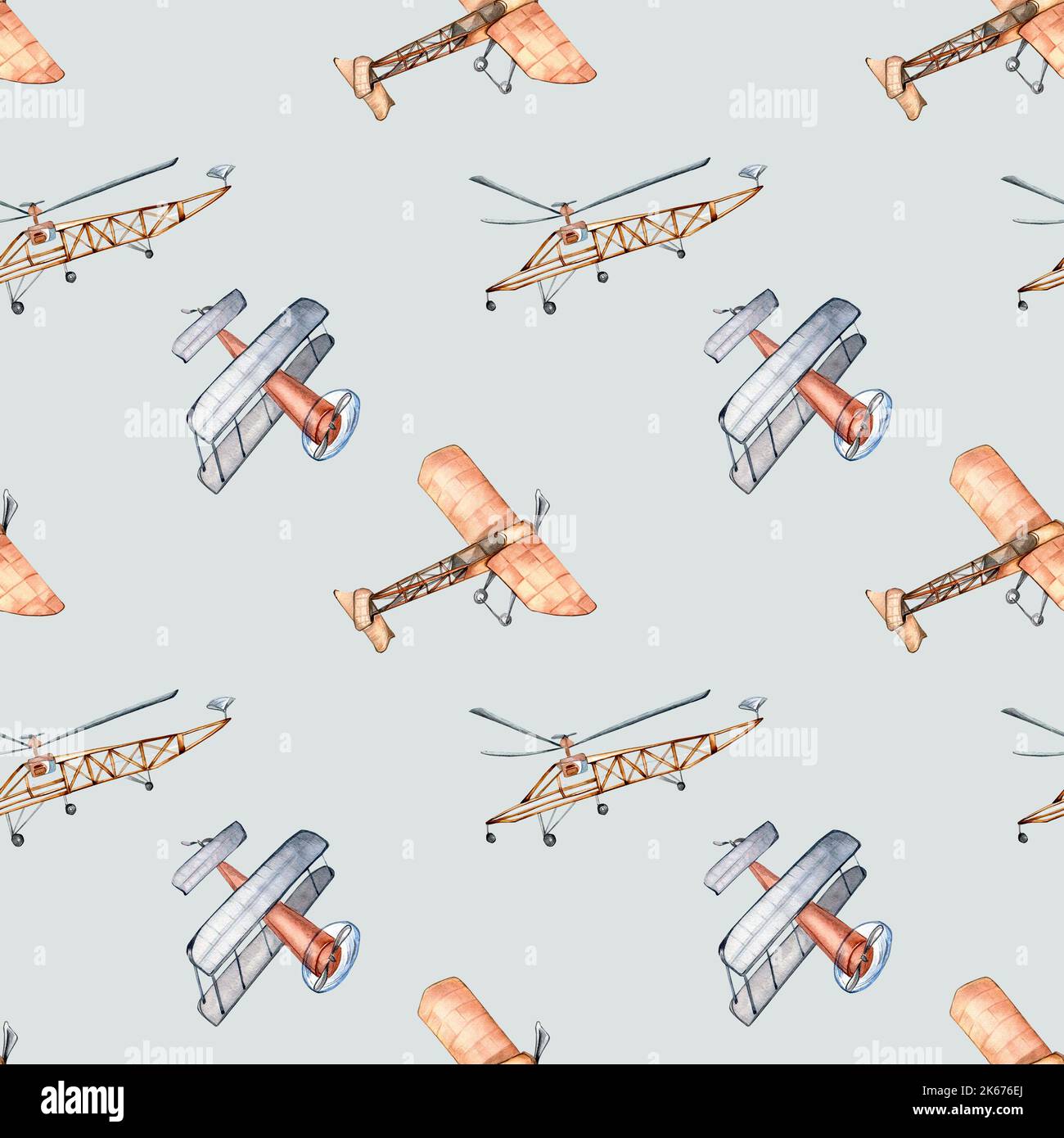 Retro air planes vintage style watercolor illustration seamless pattern ...