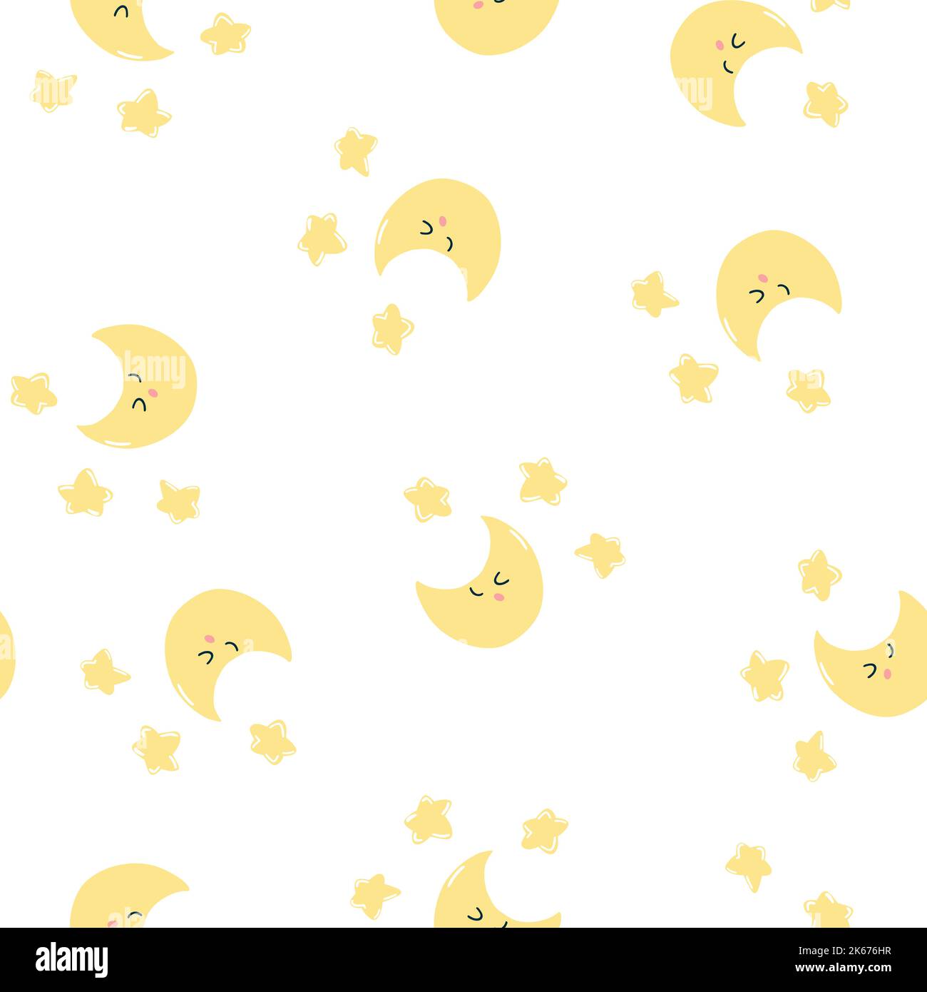 Seamless pattern with cute kawaii moon and stars on white background ...