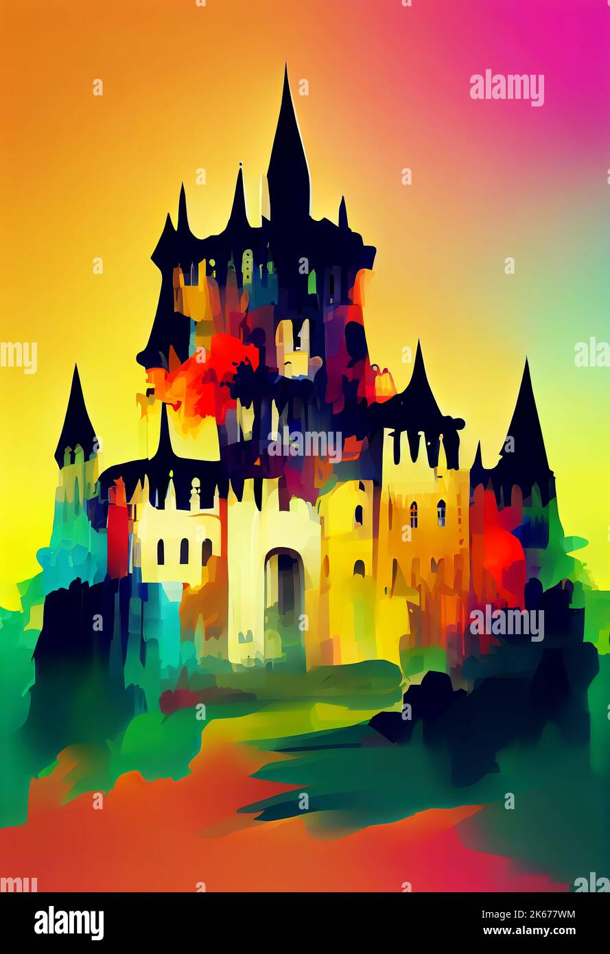 Abstract multicolored ancient castle. Picturesque old castle simple ...