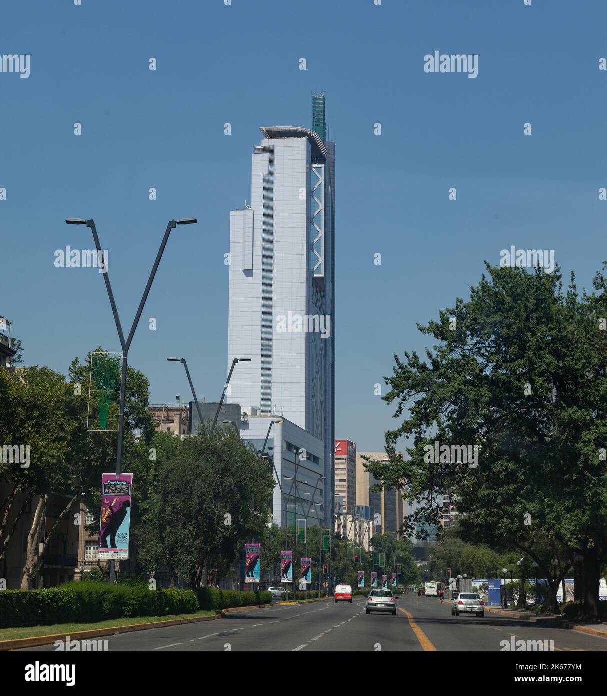 A Telefonica tower modern building in Santiago do Chile under blue sky ...