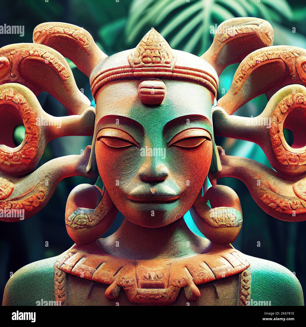 Ancient stone totem. Mayan sculpture in the jungle. Fictional character ...