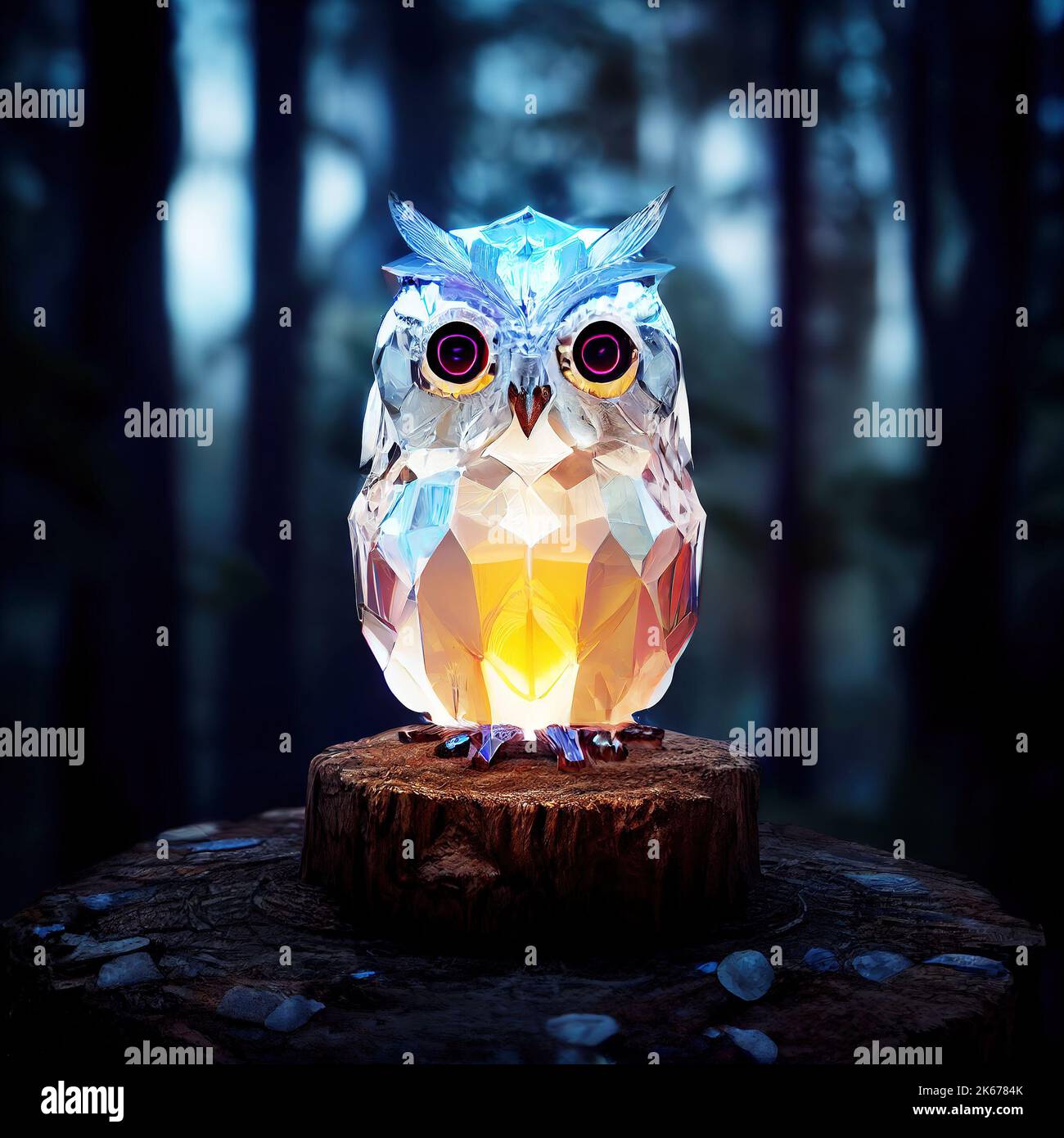Crystal glowing owl on a stump in the forest. 3D Digital illustration ...