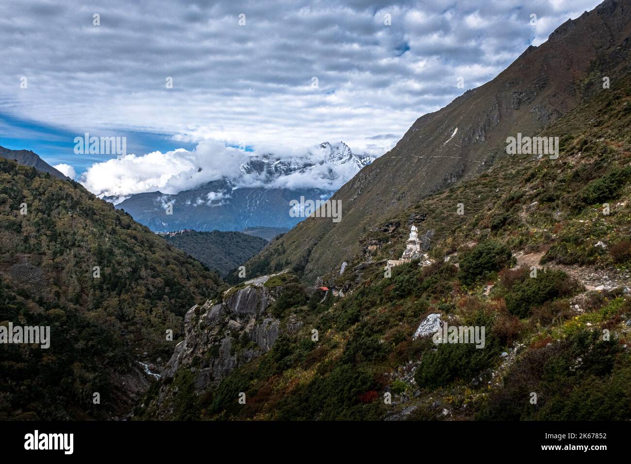 Himalayas in the distance looking down the tree lined valley in Nepal ...