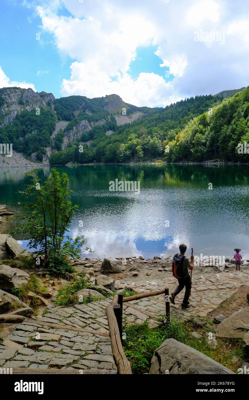 Road to lake Santo, Lago Santo across the mountains and woods. National ...