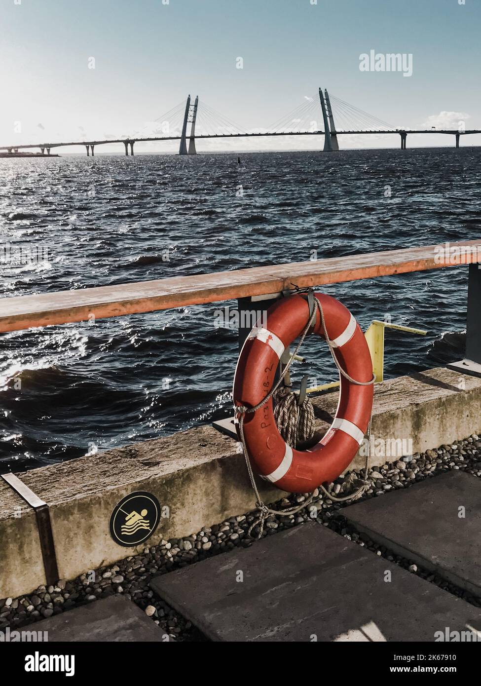 life ring sign swimming forbidden waves pier rules ocean Stock Photo ...