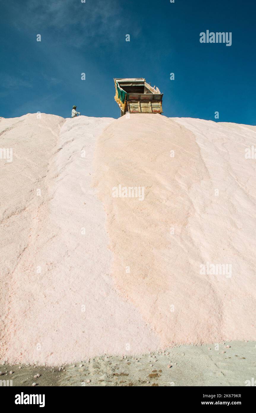 Trucks unloading raw salt bulk, Salinas Grandes de Hidalgo, La Pampa ...