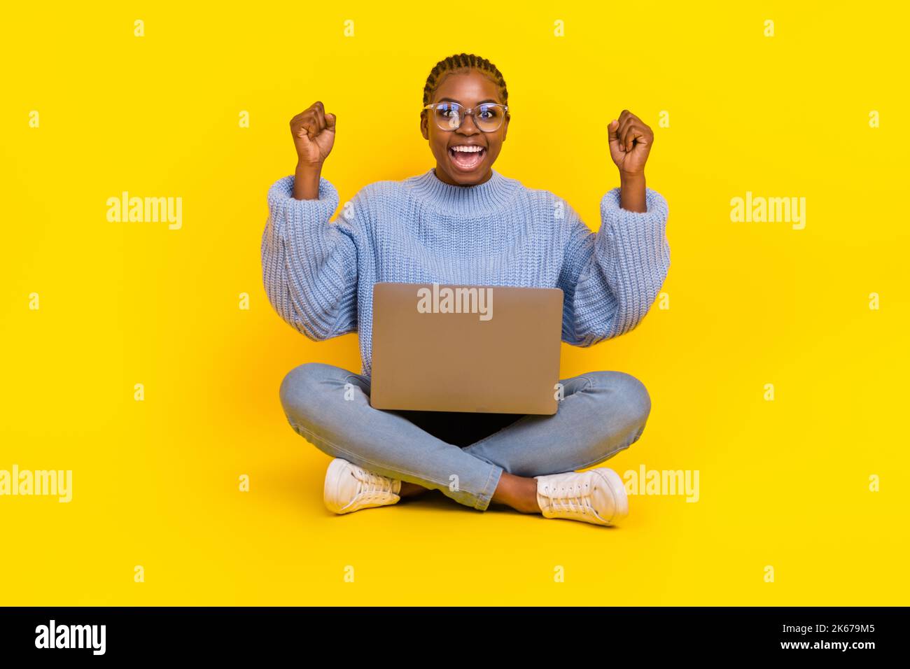 Full legth portrait of young pretty girl blogger got million ...