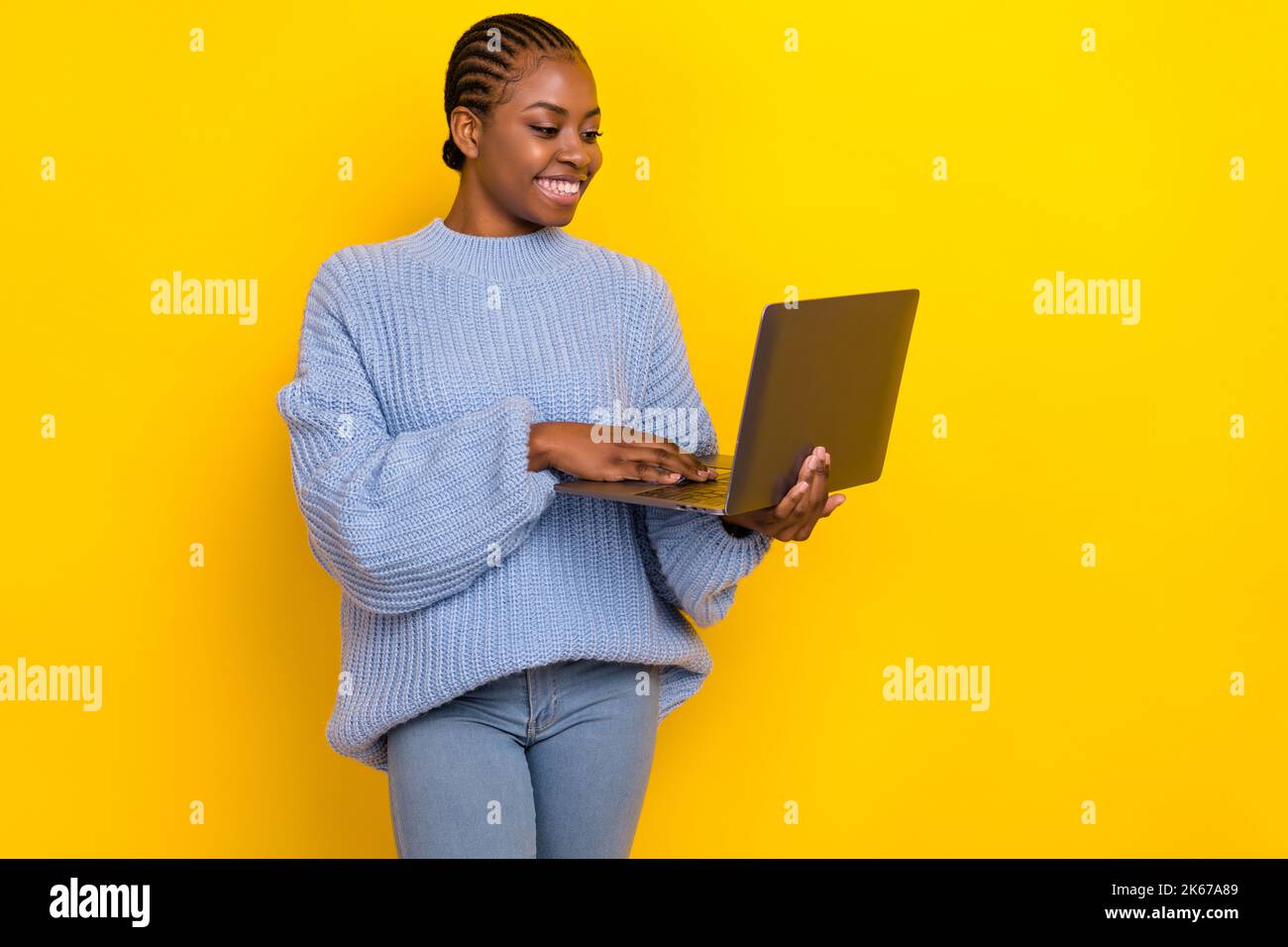 Photo of young lady programmer freelance working using new laptop ...