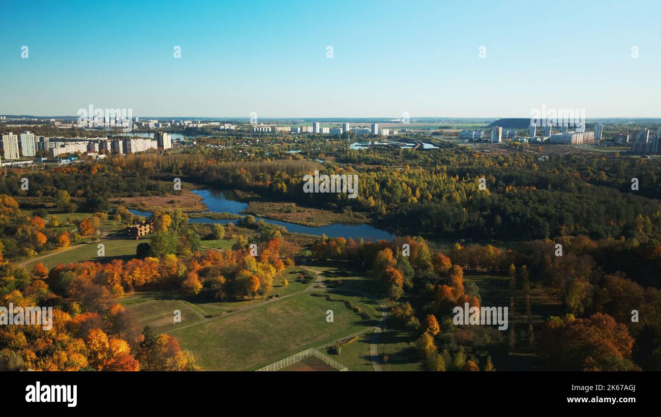 Autumn city park. Trees with colorful leaves. Sports grounds. Autumn ...