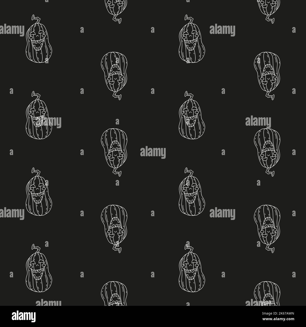 Halloween seamless pattern with line art cartoon smiling pumkins on ...