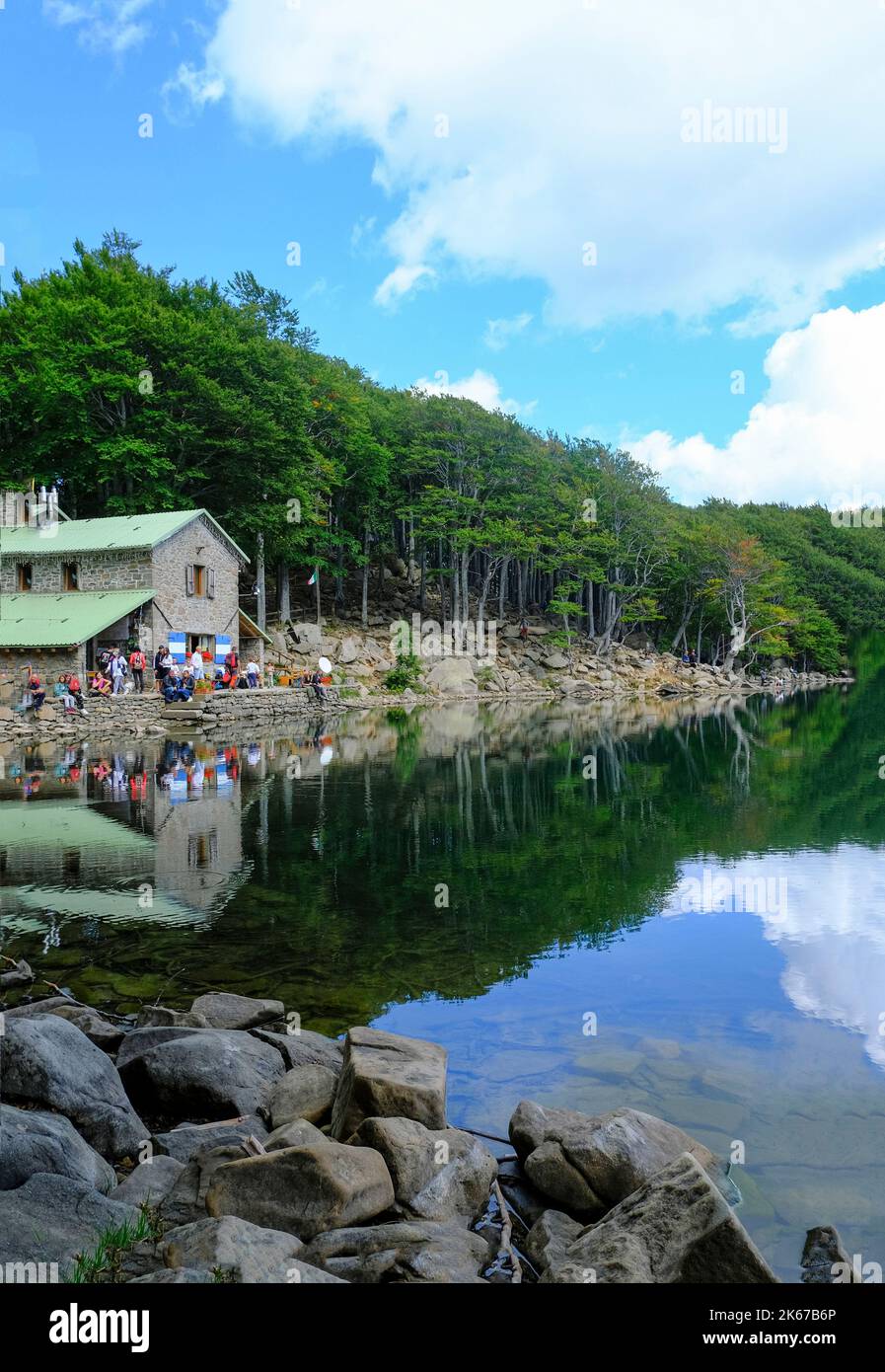 Lake Santo, Lago Santo across the mountains and woods. Shelter with ...