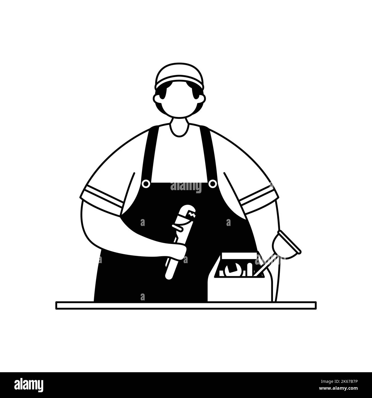 Vector illustration of a plumber in a form with tools. Profession. Line ...