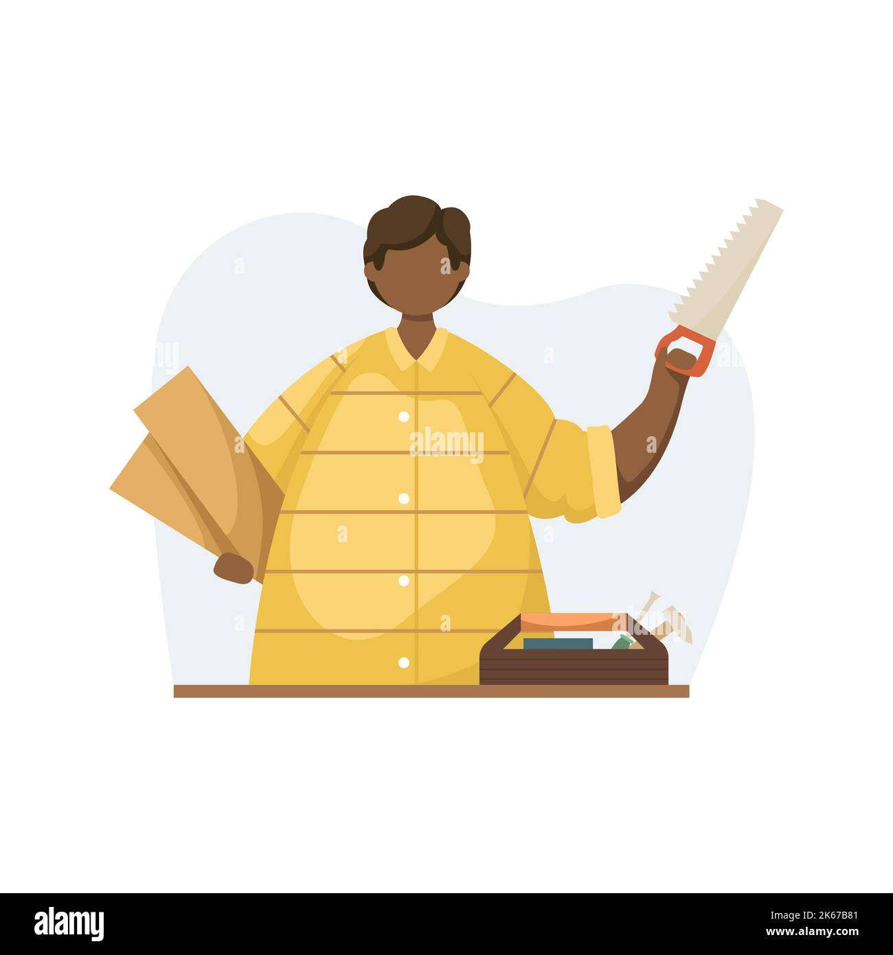 Vector illustration of a carpenter with wooden planks and a saw in his ...