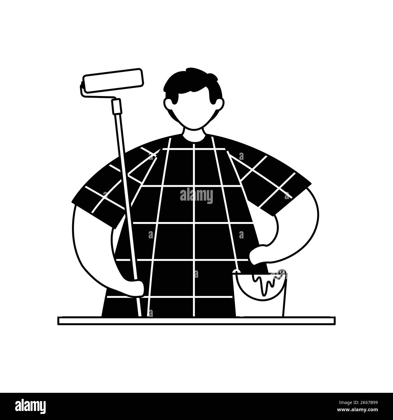 Vector illustration of a painter with a roller and a bucket of paint ...