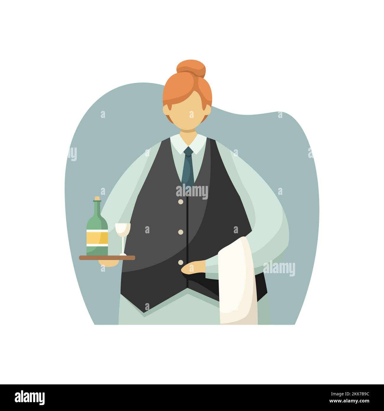 Vector illustration of a uniformed waiter with a tray in her hands and ...
