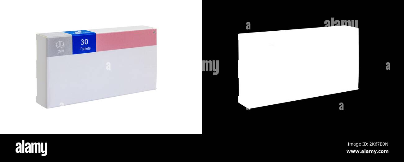 Realistic cardboard box for medication template isolated on white ...