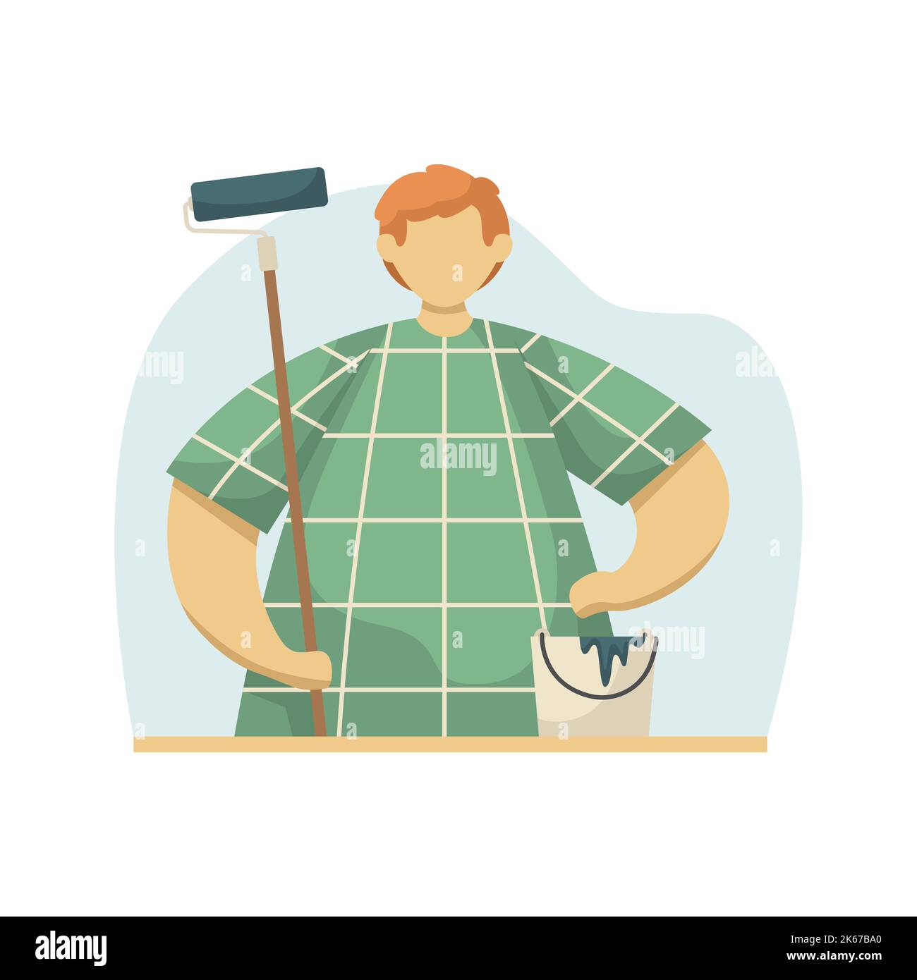 Vector illustration of a painter with a roller and a bucket of paint ...