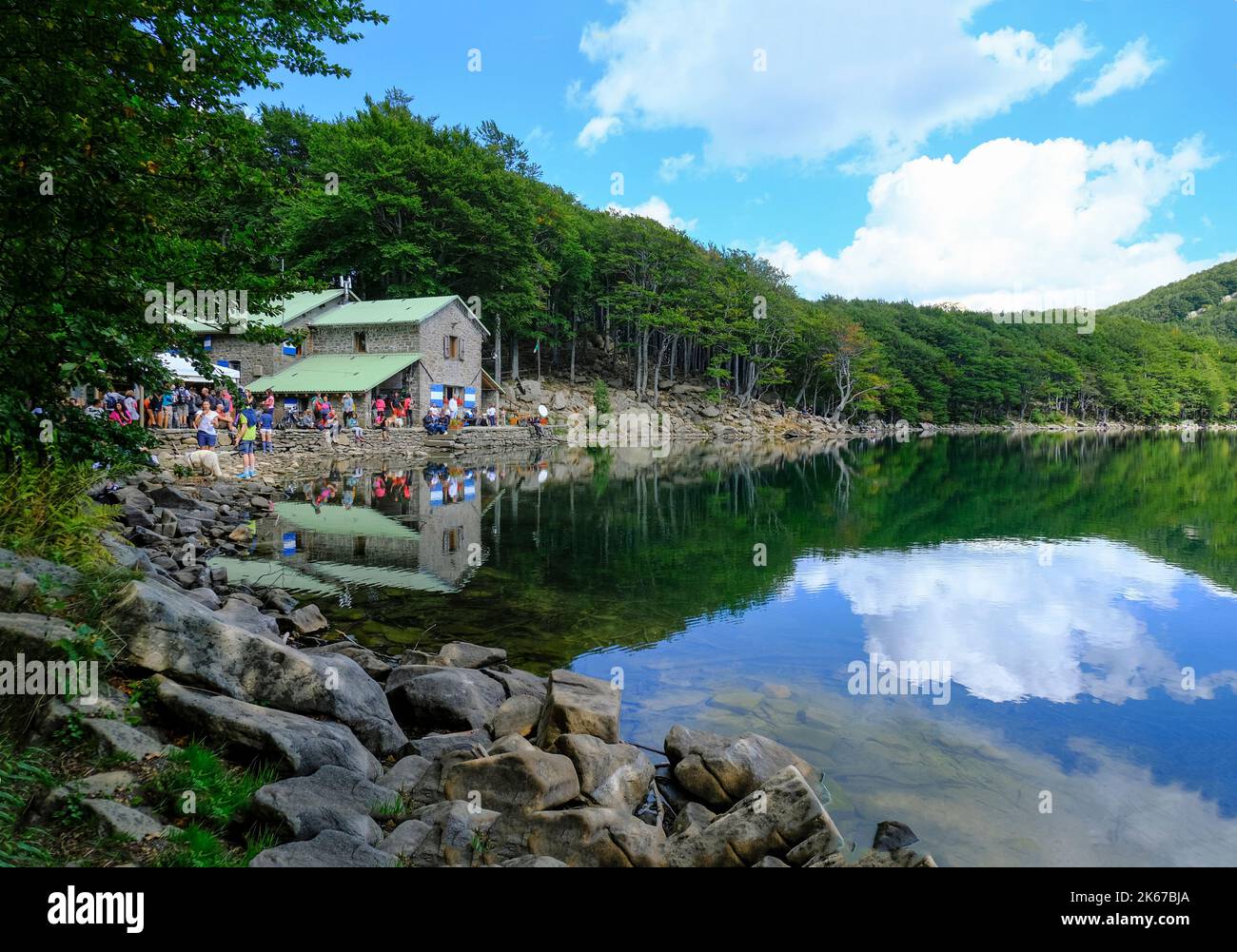 Lake Santo, Lago Santo across the mountains and woods. Shelter with ...