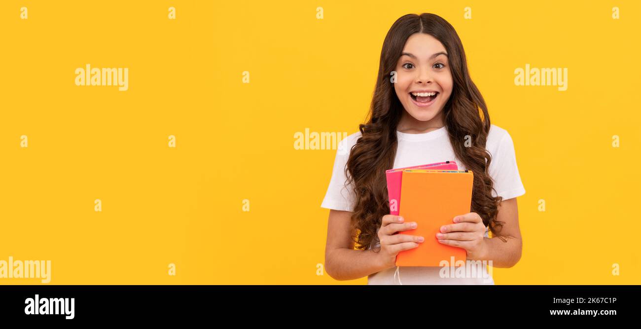 surprised school kid ready to study with book, knowledge. Banner of ...
