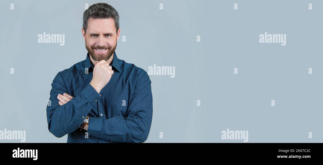 As distinctive as your smile. Happy manager smile grey background. Oral ...