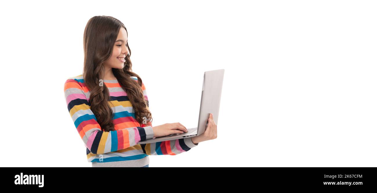 typing school blog on computer. kid on video lesson. girl use laptop ...