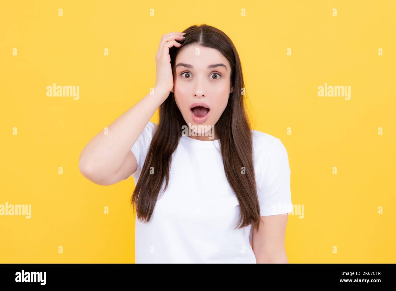 Surprised astonished young woman with open mouth. Portrait of excited ...