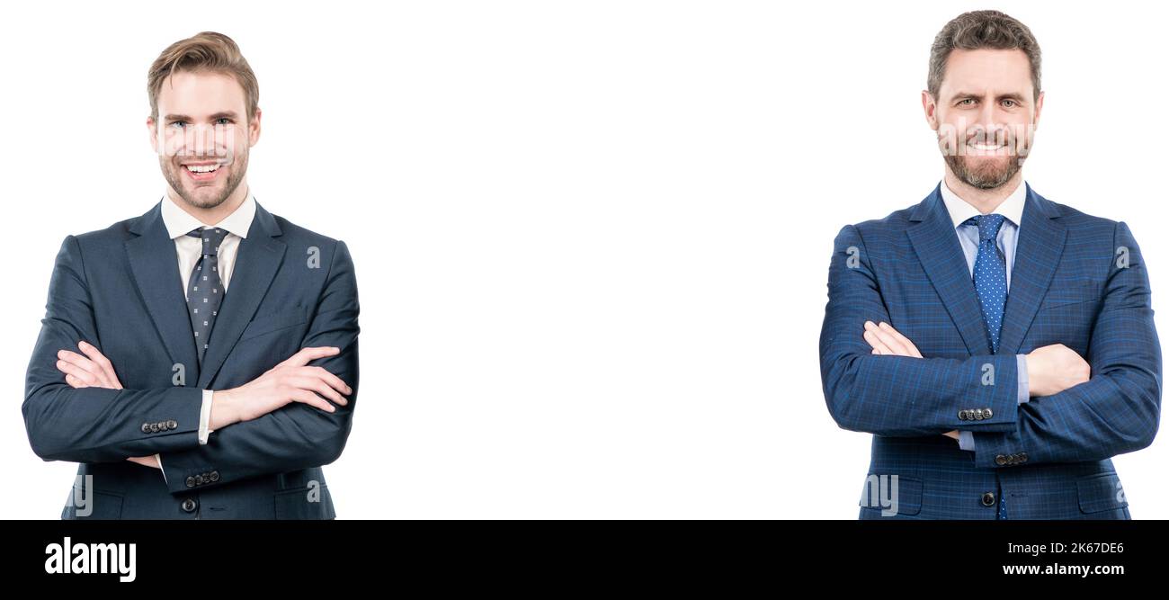 two happy men in suit. businessmen isolated on white. boss and employee ...