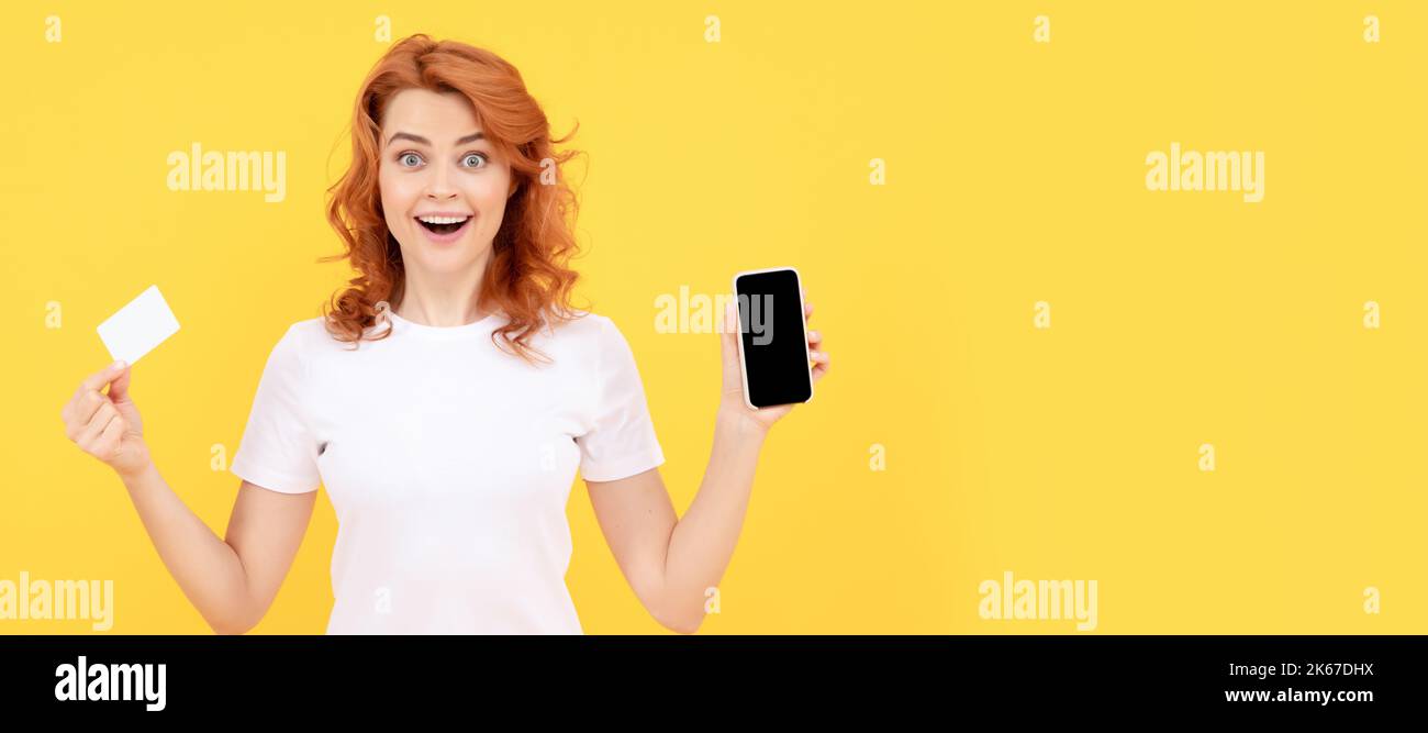 Woman isolated face portrait, banner with mock up copy space. excited young lady isolated ...