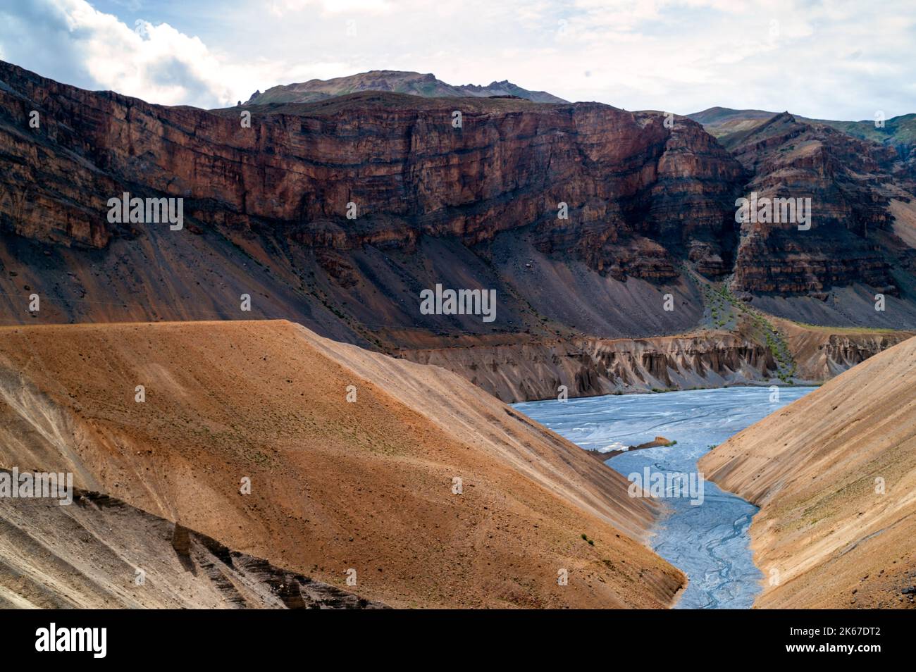 The scenic landscape of Spiti river valley with gully eroded and ...