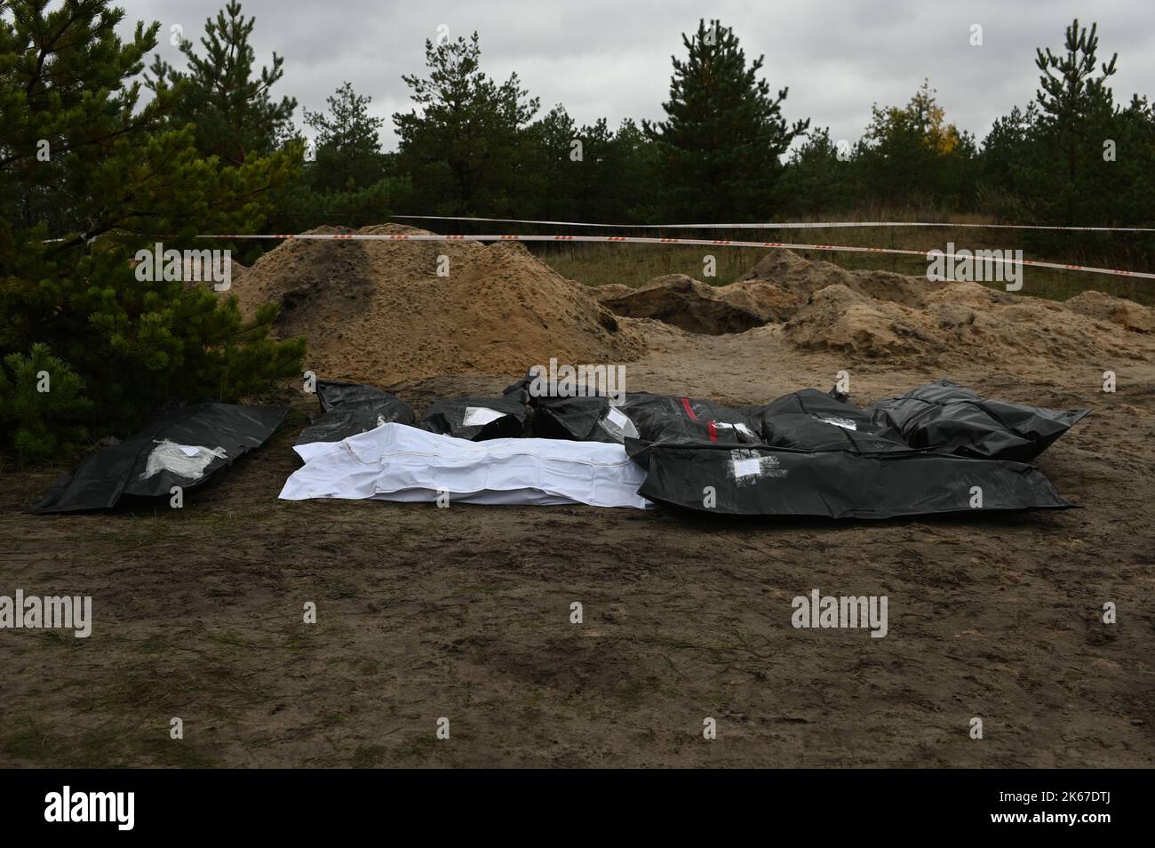 Lyman, Ukraine, October 11, 2022. Labeled body bags of exhumed remains ...