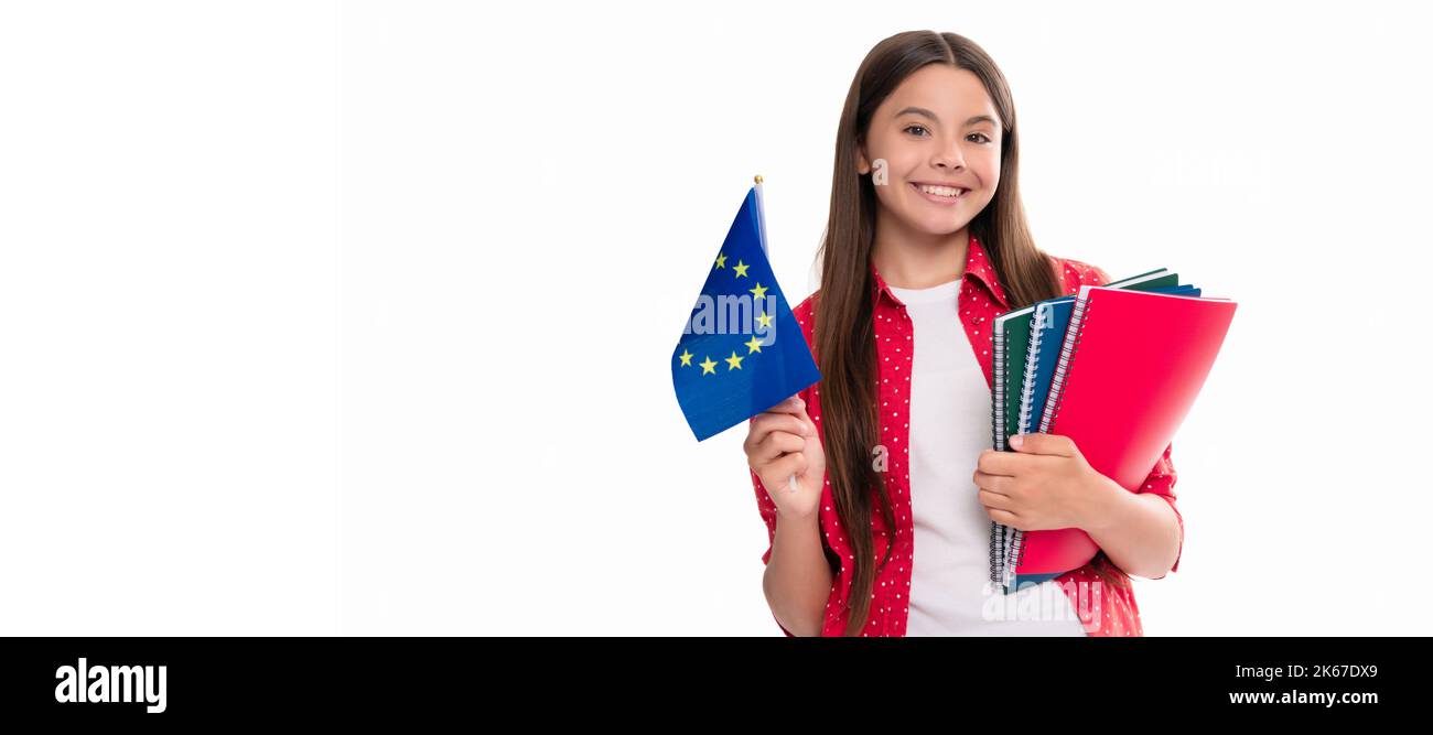 happy teen girl hold european union flag and workbook. schengen ...