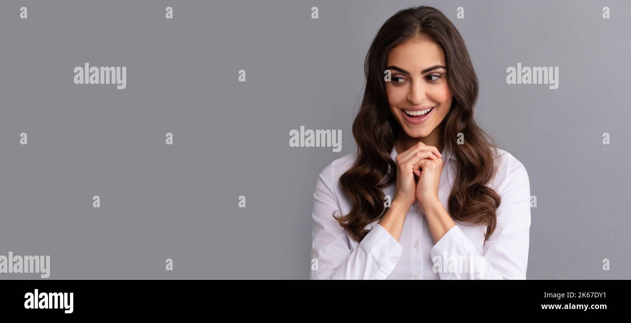 Happy woman lawyer smile making decision grey background, think. Woman ...