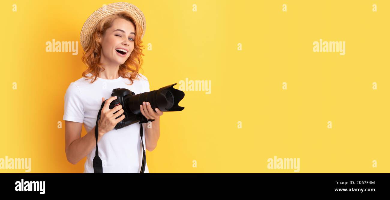 Woman isolated face portrait, banner with mock up copy space. winking female photographer. woman ...