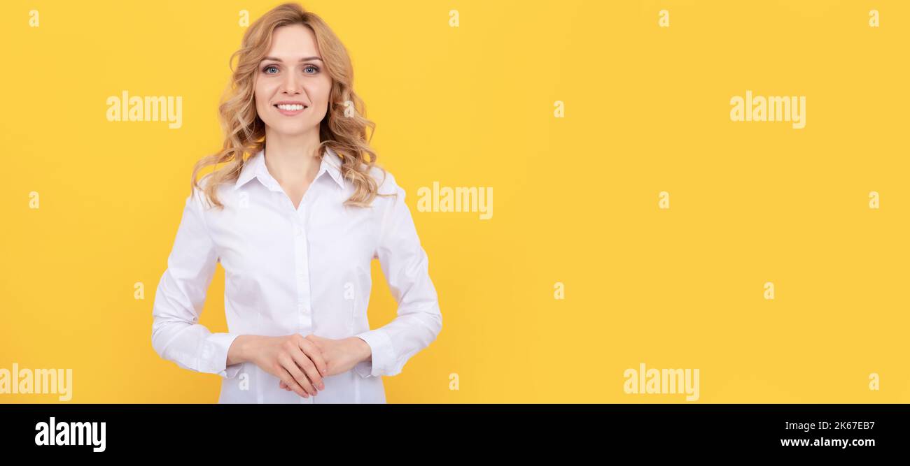 friendly female boss ceo. cheerful blonde woman in white shirt. office worker. corporate fashion ...