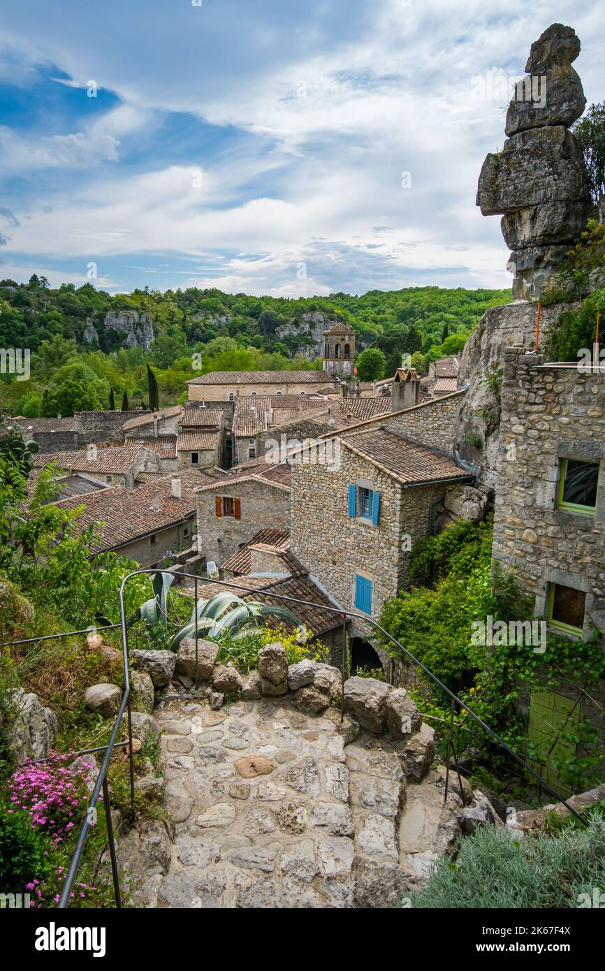 View on the medieval village of Labeaume and the cliff in the South of ...