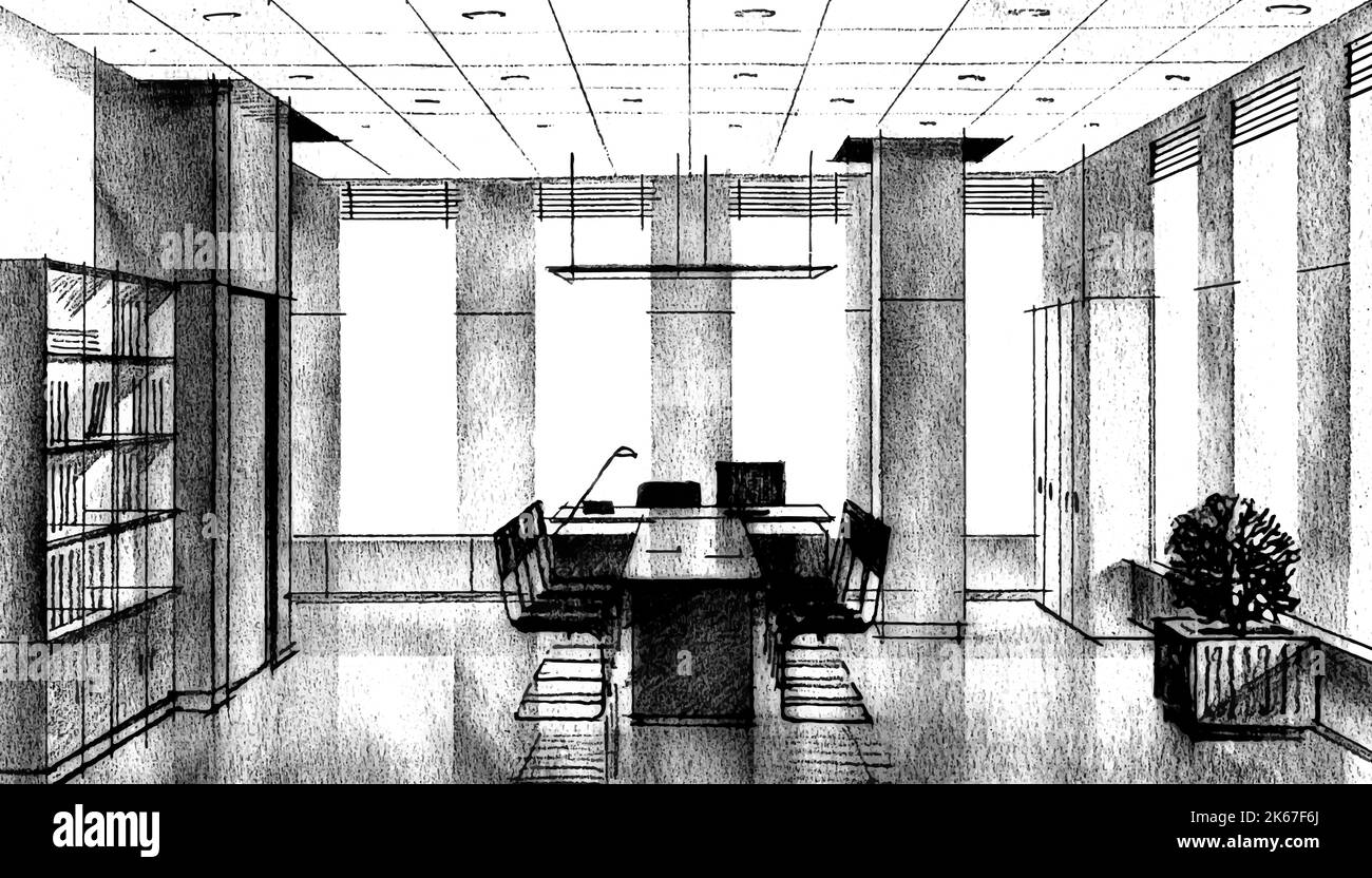 Pencil sketch of the interior of a public building. Image of the office ...