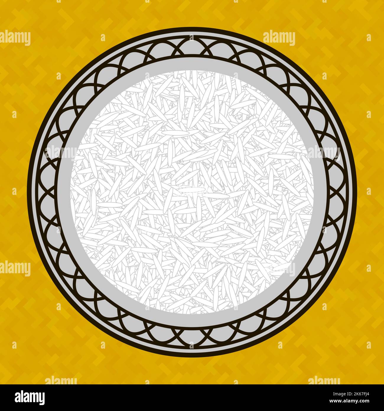 Raw faceted rice grains with sticks icon on bamboo carpet background ...